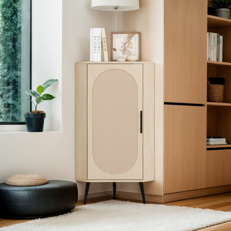 Ayelin Small Corner Cabinet Natural Rattan Accent Cabinet Farmhouse Corner Bathroom Cabinet Modern Storage Cabinet with Adjustable Shelves for